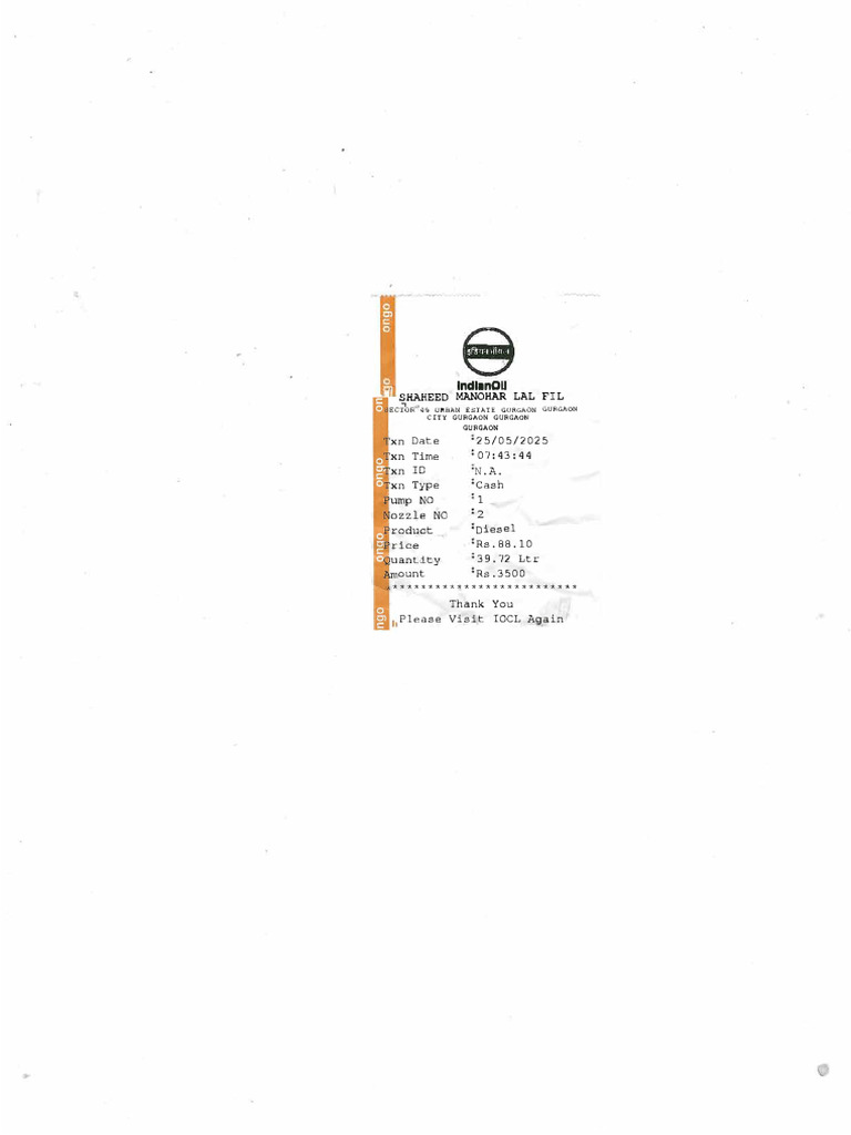 Diesel Purchase Receipt - IOCL Gurgaon | PDF