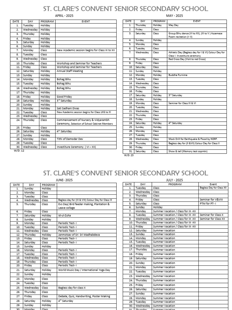 St. Clare's Convent School Calendar 2025 | PDF | Holidays | Observances