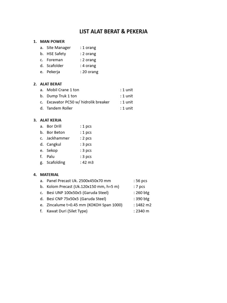 List Alat Berat & Pekerja | PDF