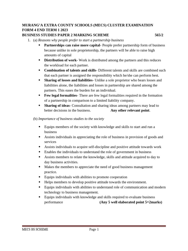 .565 2 Business Studies Paper 2 Marking Scheme - 1738045148126 | PDF | Insurance | Partnership