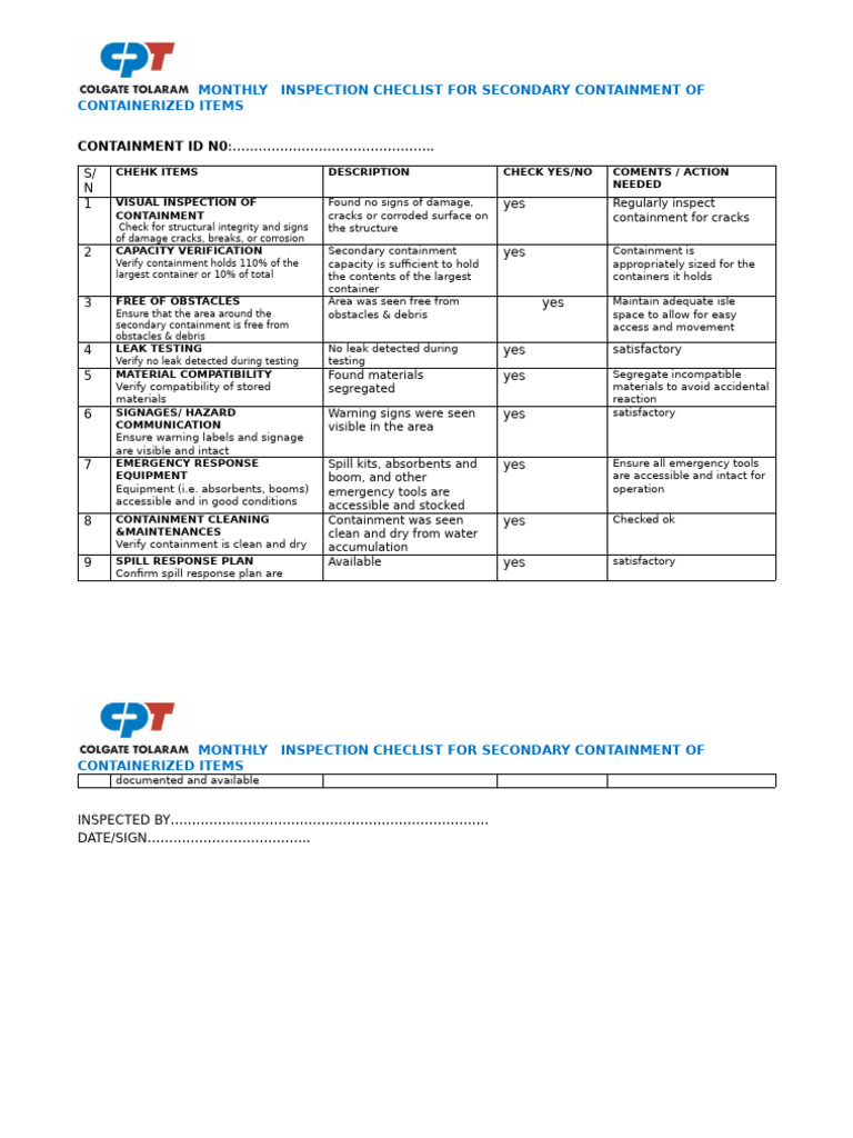 Containment of A Containerized Items Checklist | PDF