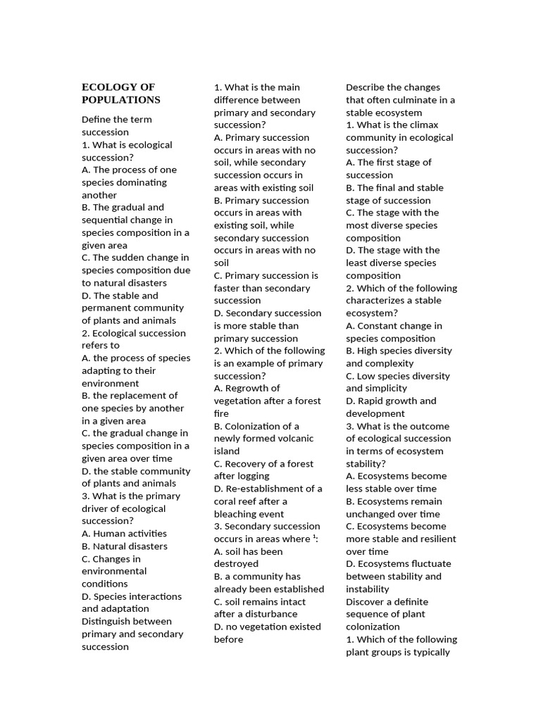 Student's Guided Questions on Ecology of Populations and Balance in ...