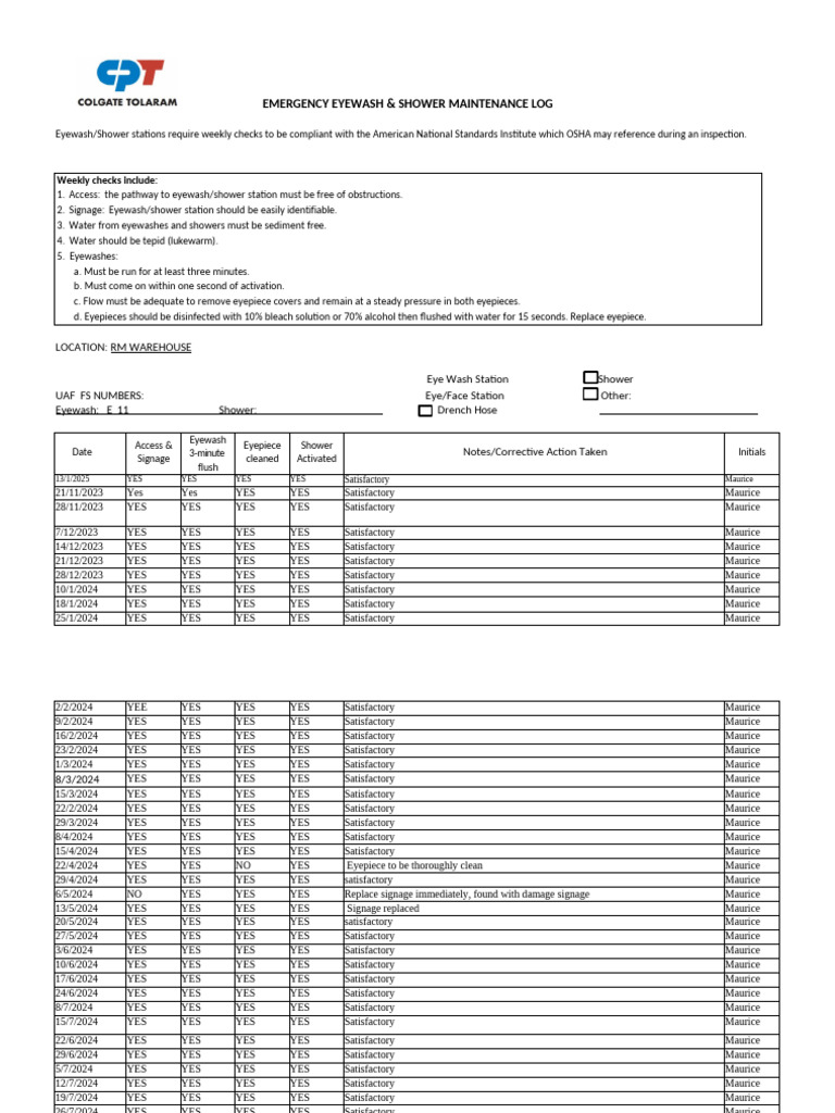 Emergency Eyewash Checklist Rm Warehouse 11 | PDF