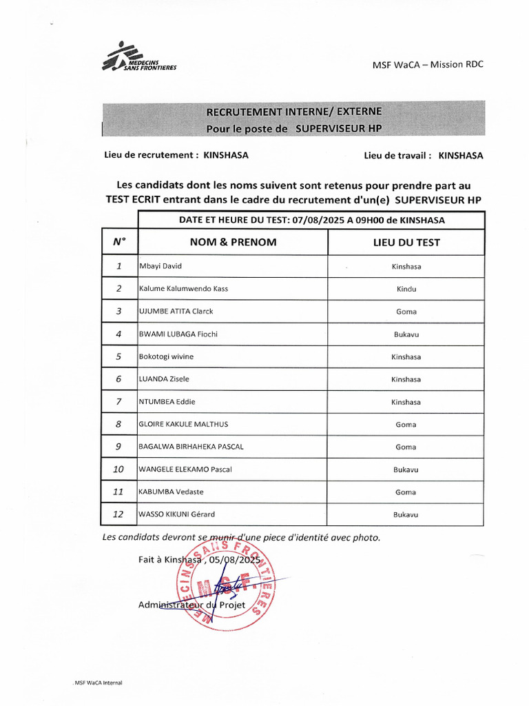 Candidats Retenus Au Test Ecrit Sup HP | PDF
