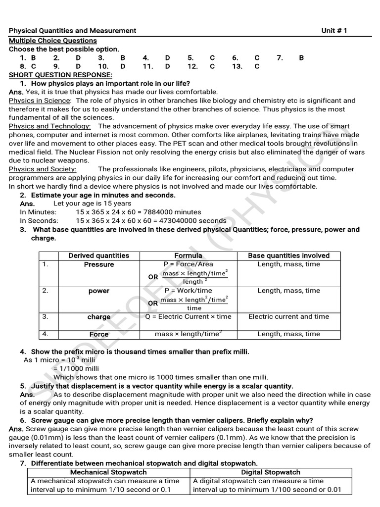 Unit 1 Exercise Notes Physical Quantities And Measuremets Federal