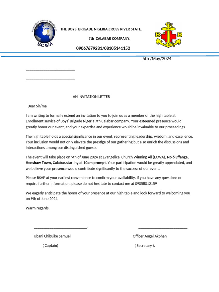 Invitation to Boys' Brigade Enrollment Event | PDF