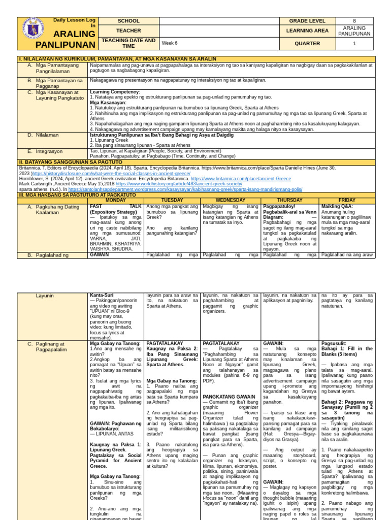 AP8 Matatag Q1 Week6 DLL | PDF