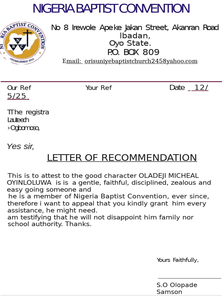 Christian Recommendation Letter Male-2 | PDF