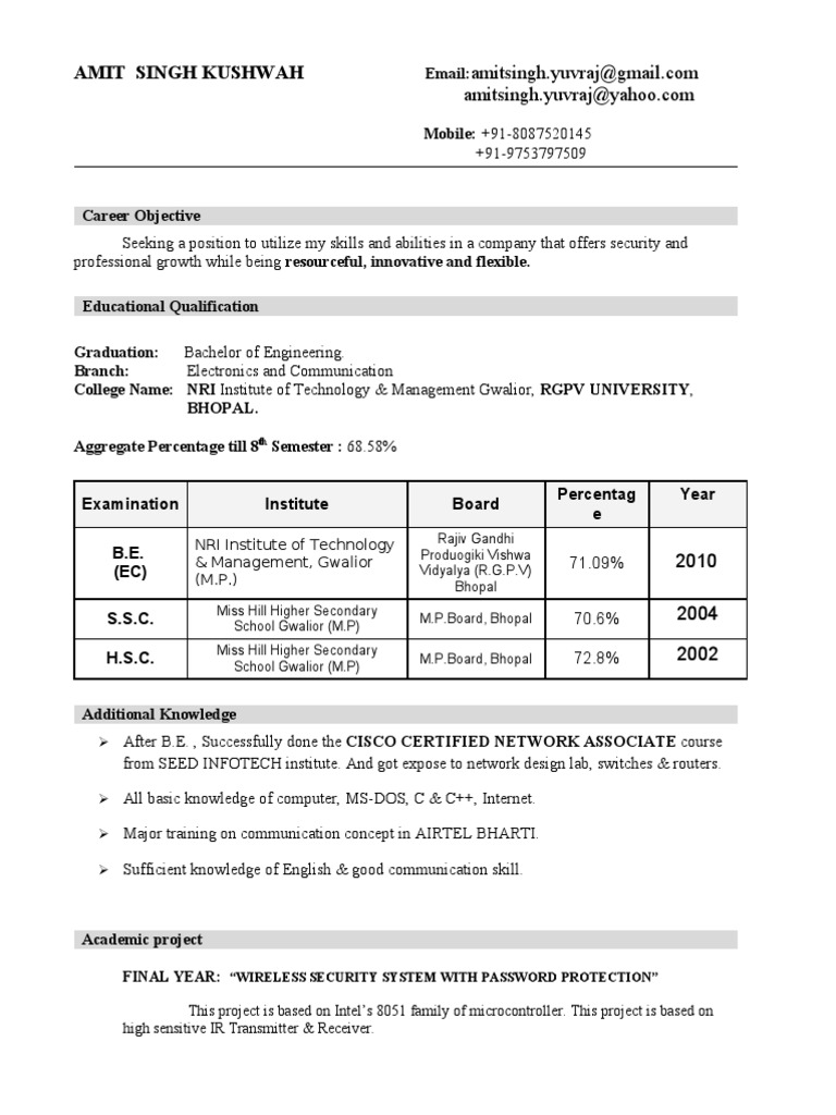 Resume of Amit Singh Kushwah Seeking a Career in Electronics and ... Resume of Amit Singh Kushwah Seeking a Career in Electronics and ...
