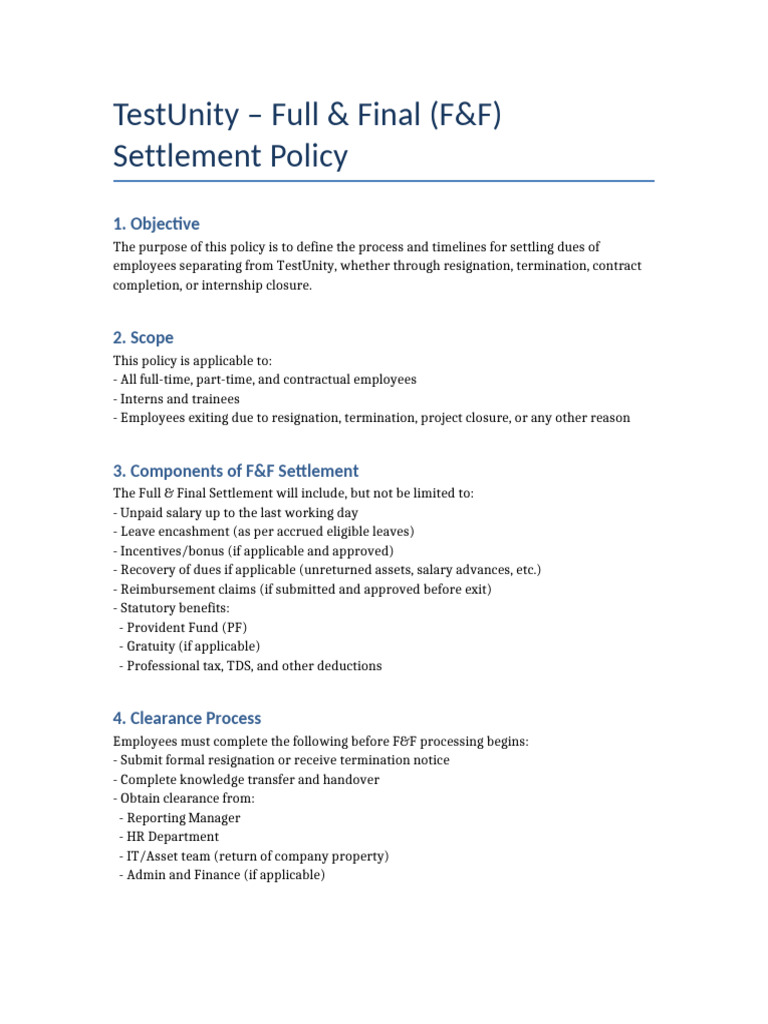 TestUnity F&F Settlement Policy | PDF