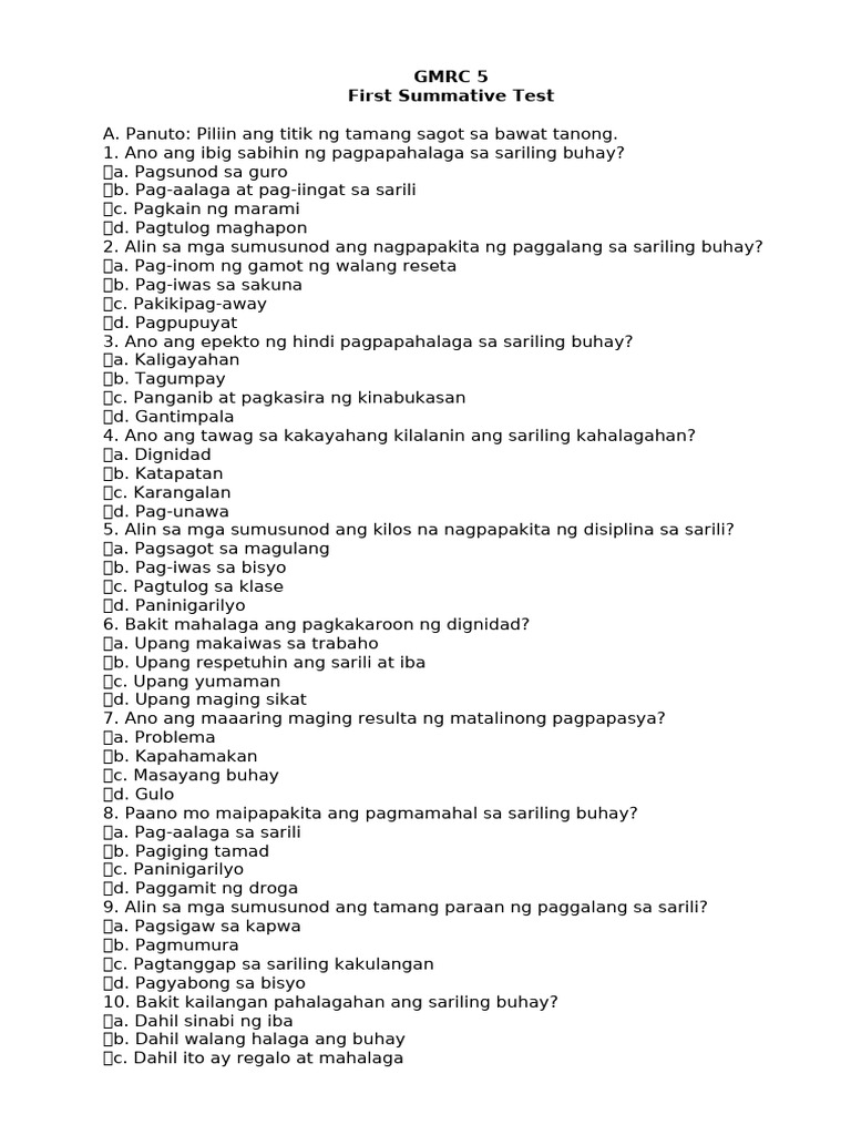 First Summative Test Grade 5 Matatag | PDF