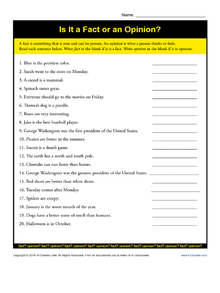 Is It A Fact or An Opinion - Fact and Opinion Worksheets For 3rd and ...