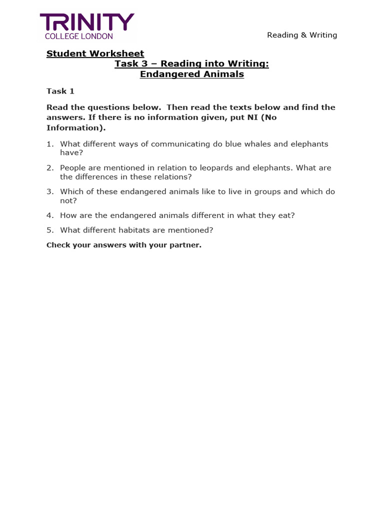 Endangered Animals Reading Worksheet | PDF | Leopard | Elephant