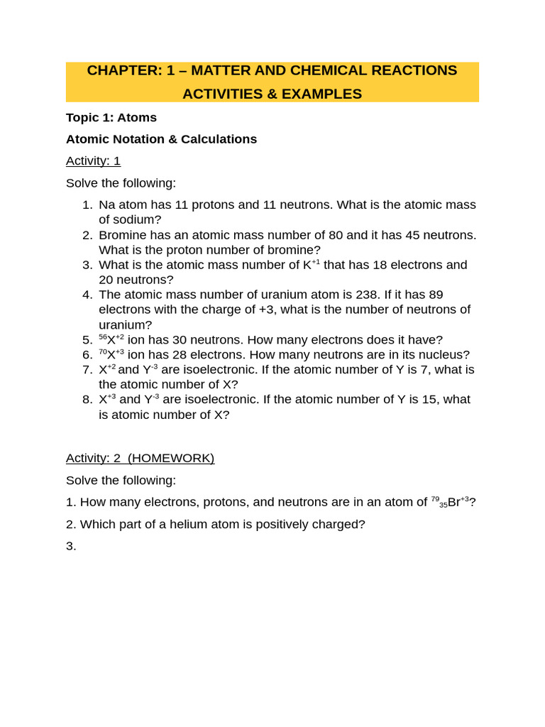 Matter and Chemical Reactions Activities | PDF | Atoms | Neutron