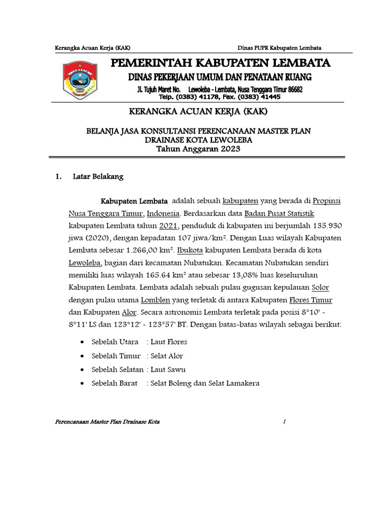 Revisi Kak Master Plan Drainase Kota Lewoleba Ok | PDF
