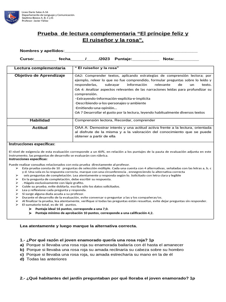 Prueba El RuiseÃ or y La Rosa | PDF | Comprensión lectora