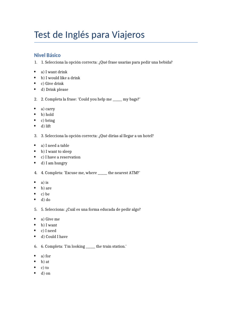 Test Ingles para Viajeros Actualizado | PDF