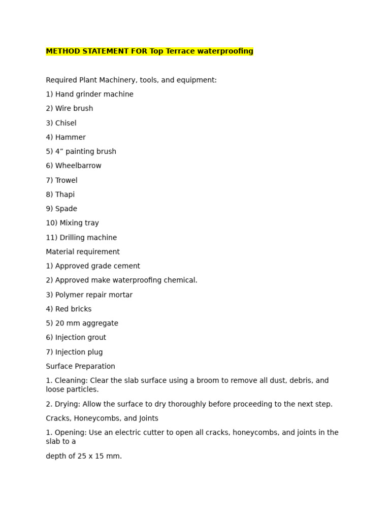 Top Terrace Waterproofing Method Statement | PDF | Concrete | Negotiation