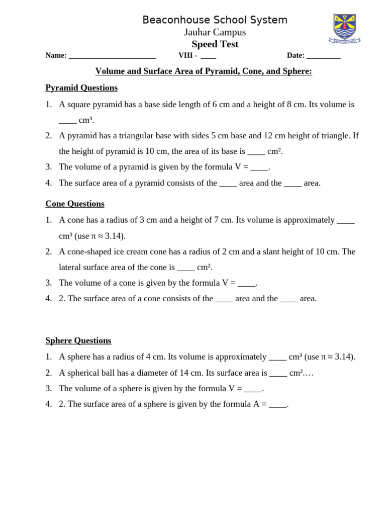 Volume and Surface Area Test for Geometry | PDF | Sphere | Area
