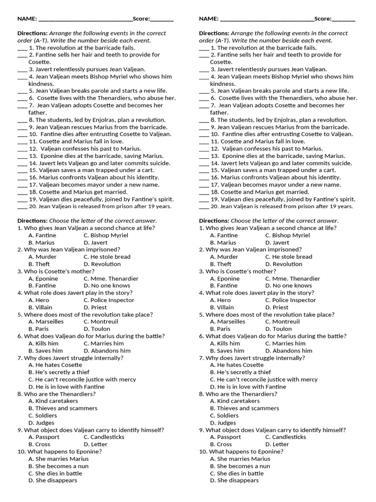 Les Misérables: Events and Quiz | PDF | Cosette | Marius Pontmercy
