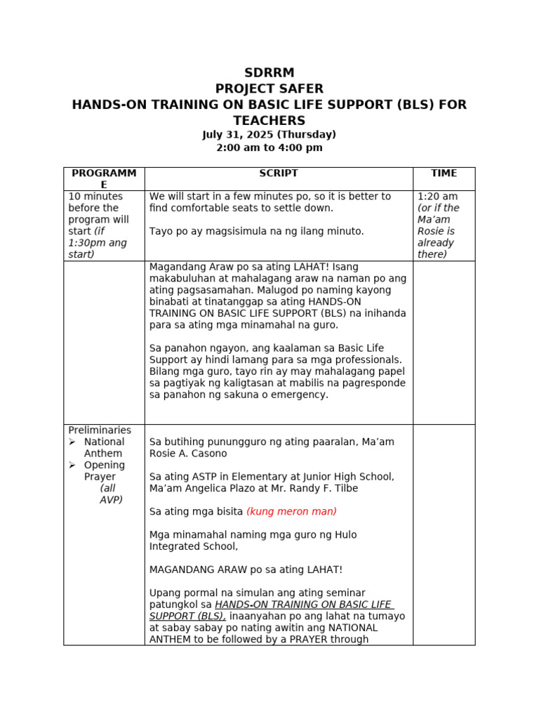 Script_project Safer-hands-On Training on Basic Life Support (Bls) for Teachers | PDF