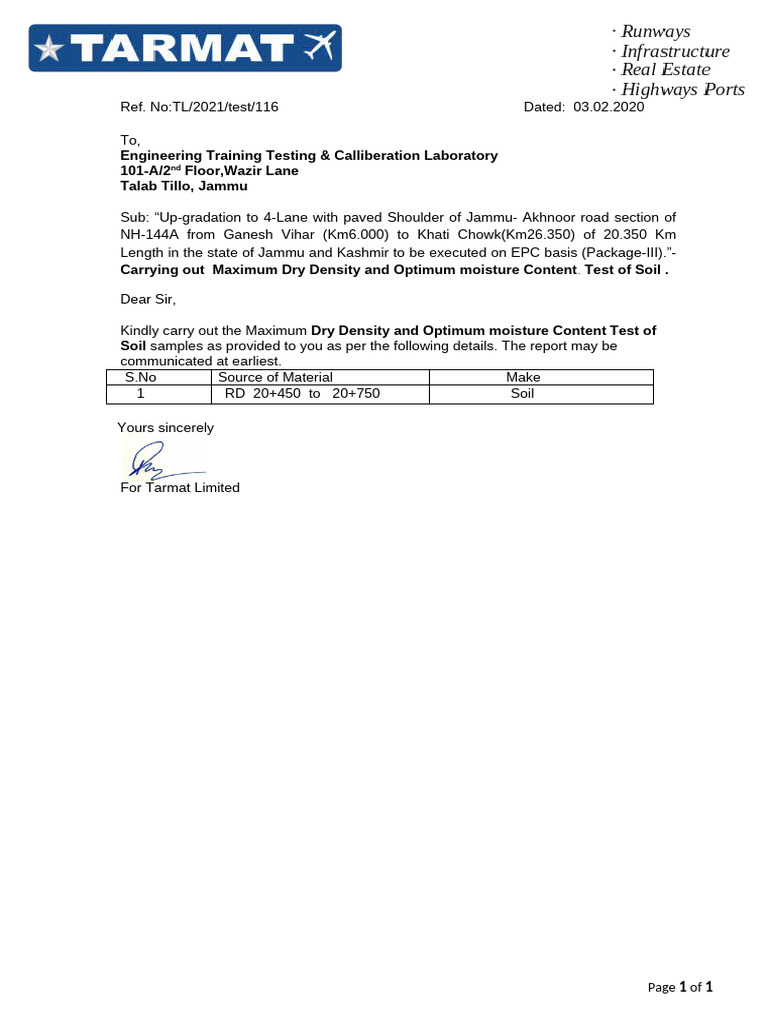 116 Testing Letter Reg Soil | PDF