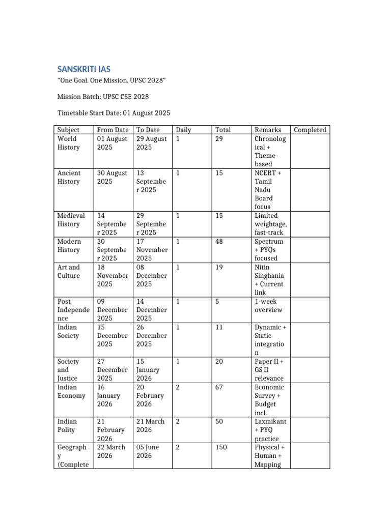 UPSC CSE 2028 Timetable Overview | PDF
