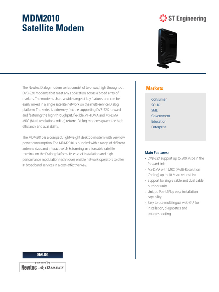 Product Sheet MDM2010 Satellite Modem | PDF | Computer Network | Modem