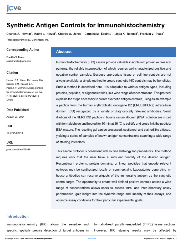 Jove Protocol 62819 Synthetic Antigen Controls For Immunohistochemistry | PDF ...