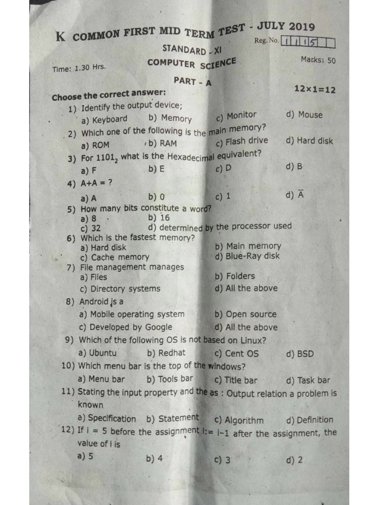 11th Computer Science Mid Term Papers | PDF