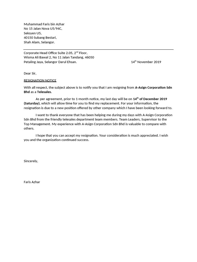 Resignation Notice from Faris Azhar | PDF