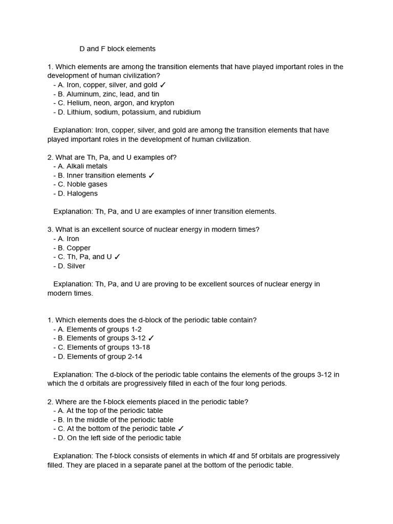 D and F Block Elements | PDF | Periodic Table | Transition Metals