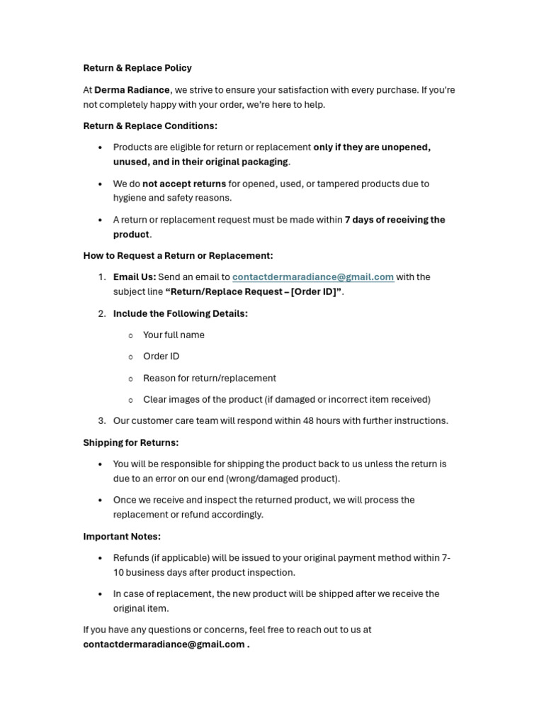 Return & Replace Policy | PDF