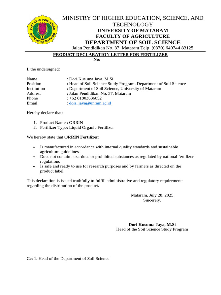 ORRIN Liquid Organic Fertilizer Declaration | PDF
