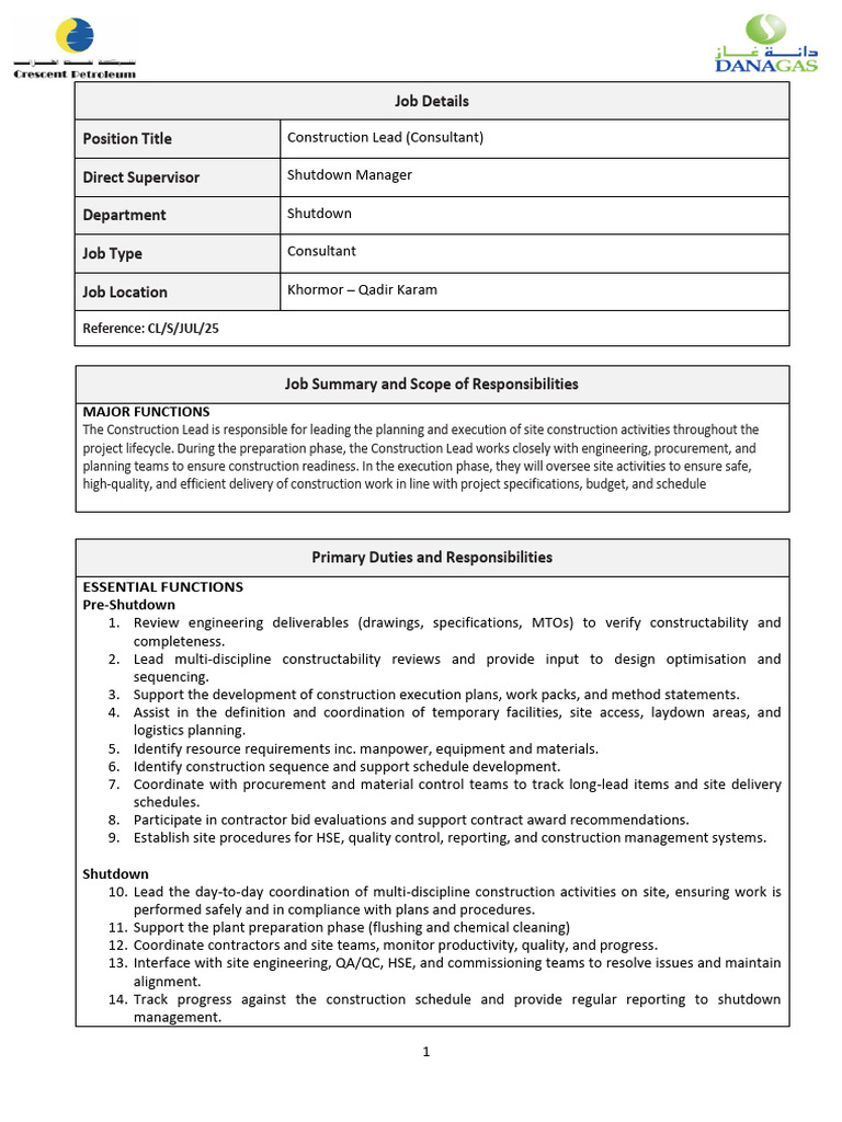 Construction Lead Consultant Job Description | PDF | Leadership ...