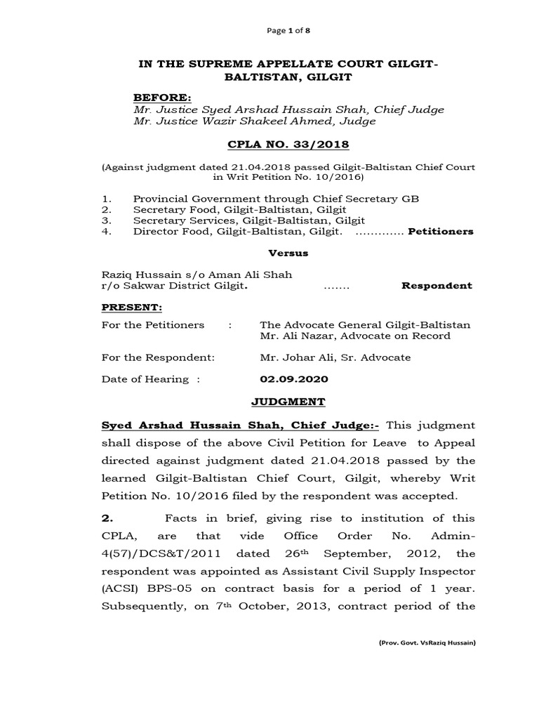 CPLA 33/2018: Govt. vs. Raziq Hussain Case | PDF | Judgment (Law) | Justice