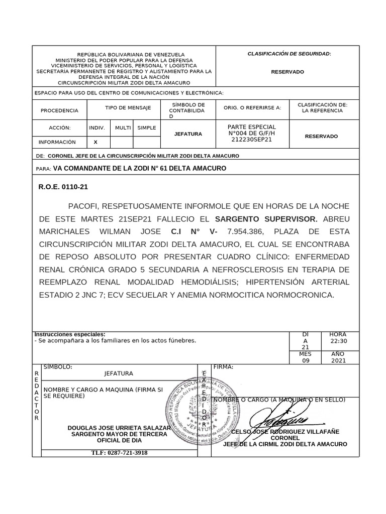 R.O.E 0110-21 Zodi Fallecimiento Ss Abreu | PDF