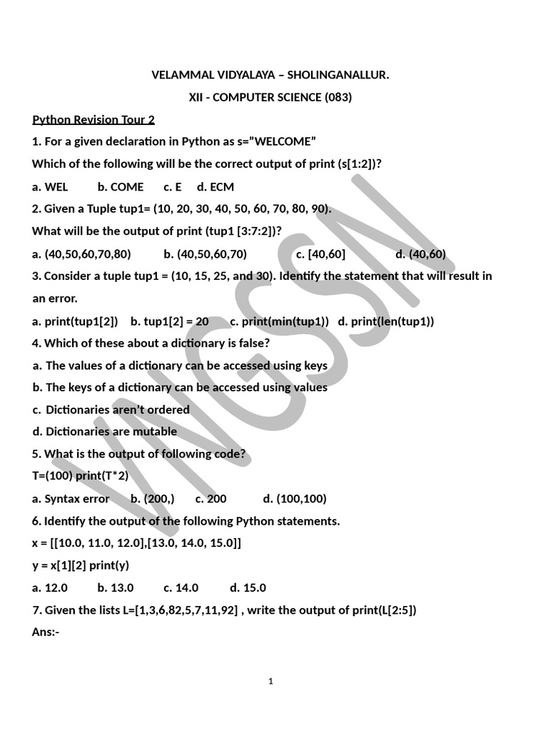 Class 12 Python Revision Tour 2 Worksheet | PDF | Computer Science | Software Development