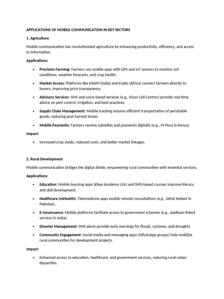 Applications of Mobile Communication in Key Sectors | PDF | Agriculture ...