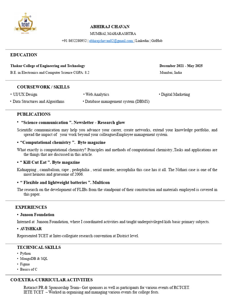 Abhiraj Chavan: Electronics Student Profile | PDF