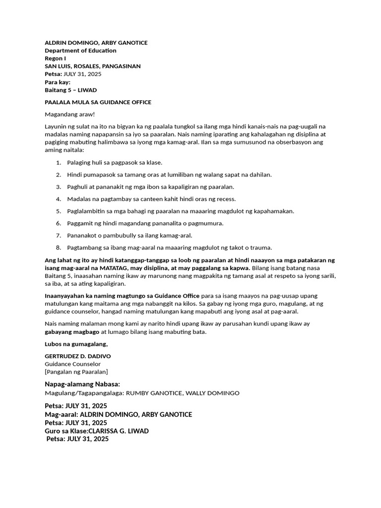 Guidance Letter | PDF