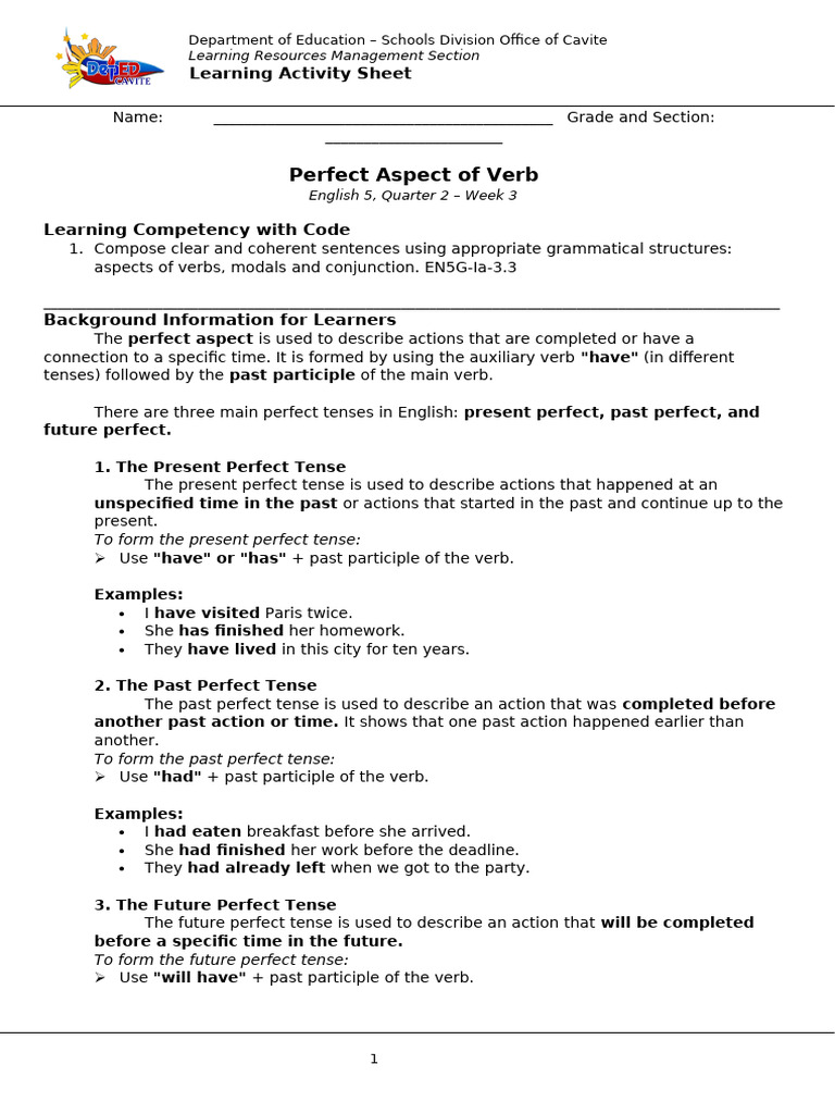 Week 3_Perfect Aspect of the Verbs | PDF | Perfect (Grammar) | Grammatical Tense