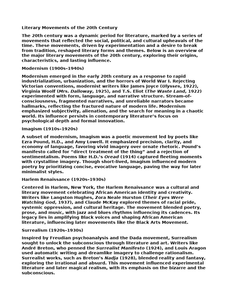 Literary Movements of The 20th Century | PDF | Postmodern Literature ...