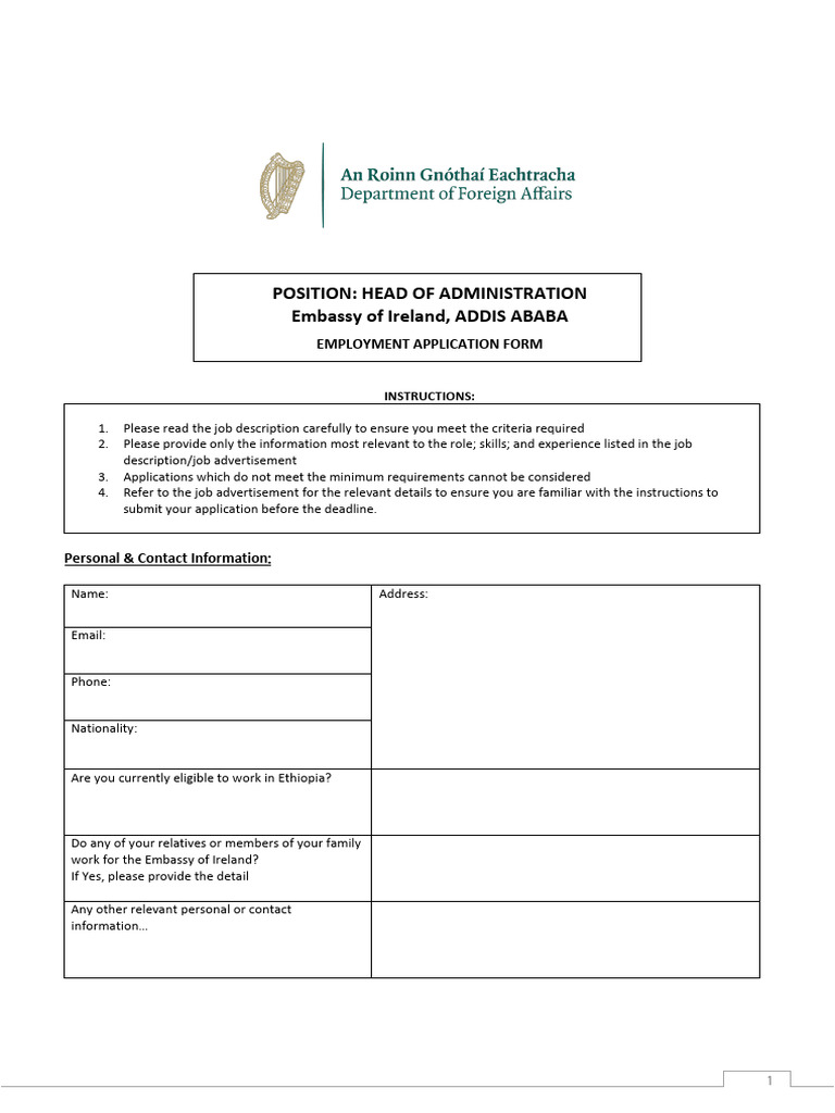 Head of Administration Application Form | PDF | Interpersonal ...