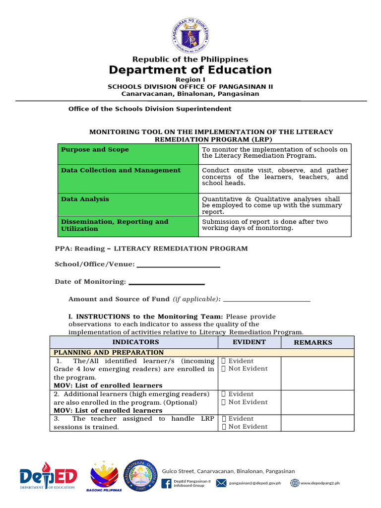 Literacy Remediation Program Monitoring Tool | PDF | Literacy | Reading ...