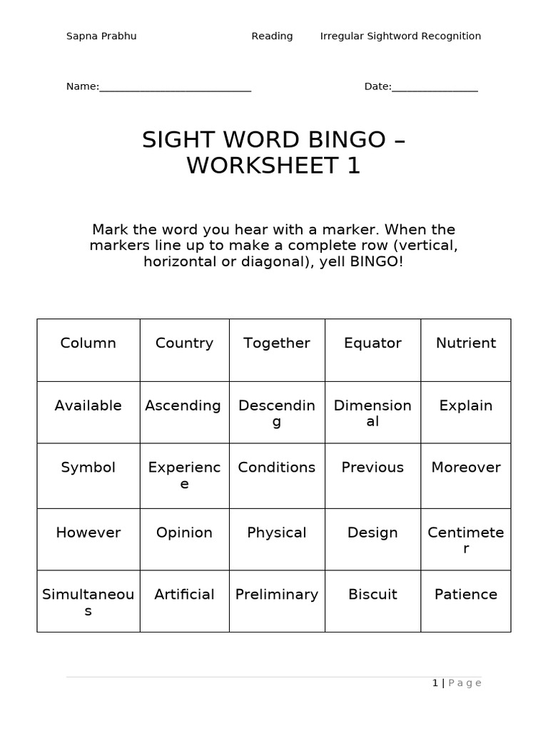 Sight Word Bingo Worksheets for Reading | PDF