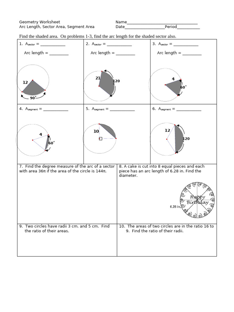 Arc Length Sector Area Segment Area Ws | PDF