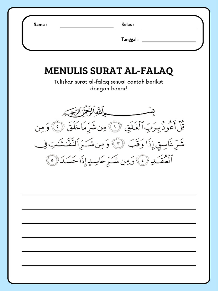 Lembar Kerja Pendidikan Agama Islam Menulis Surat Al-Falaq Putih Biru ...