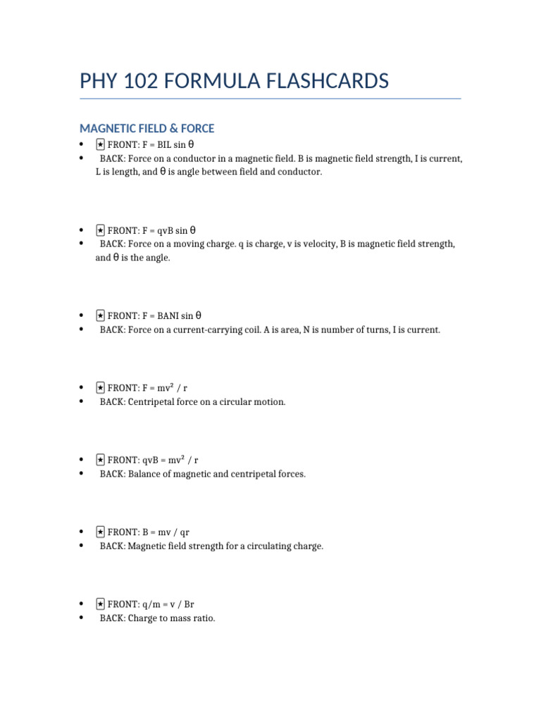 PHY102 Formula Flashcards | PDF