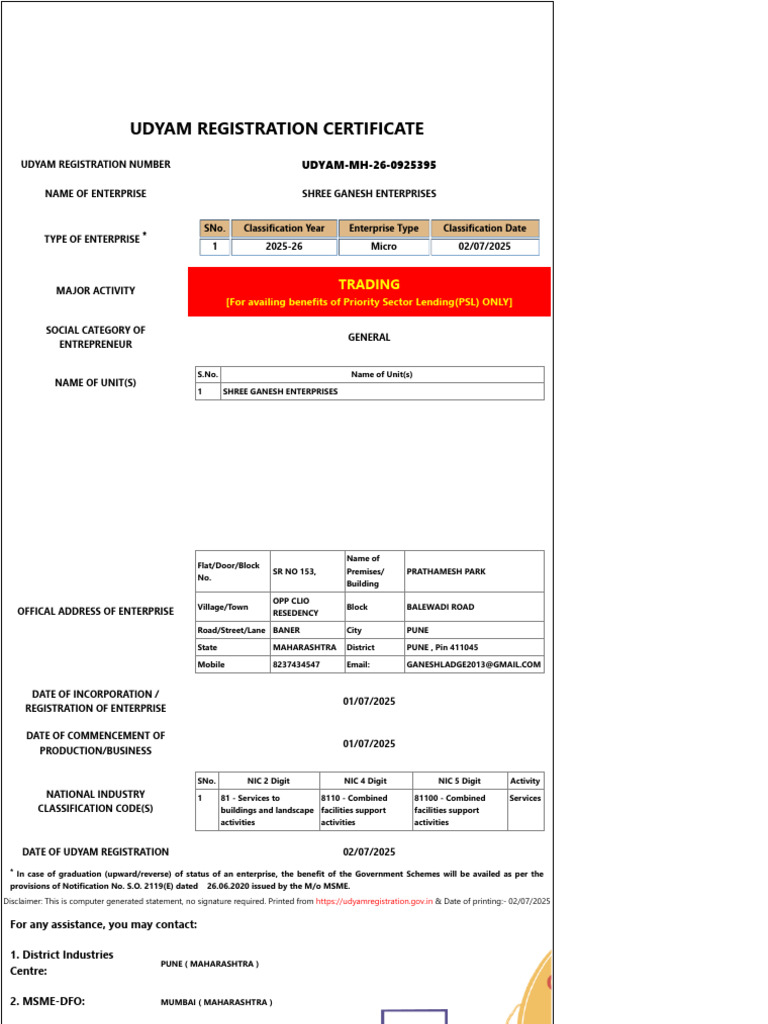 Udyam Registration for Shree Ganesh Enterprises | PDF | Economies